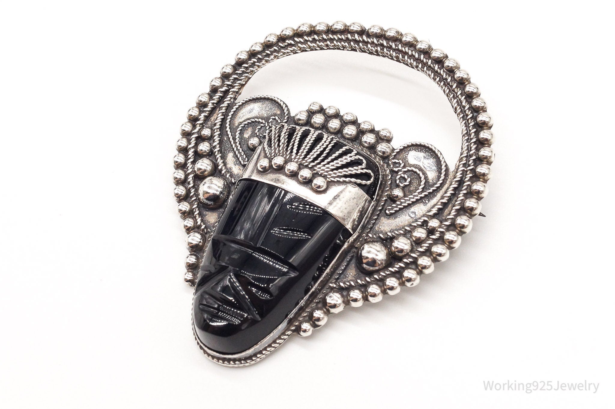 Large Vintage Mexico Carved Black Onyx Tribal Mask Sterling Silver Bro